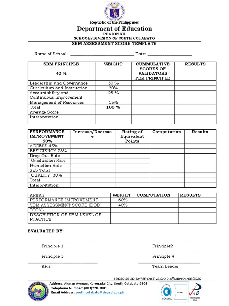 New SBM Assessment Score Template 2 | PDF