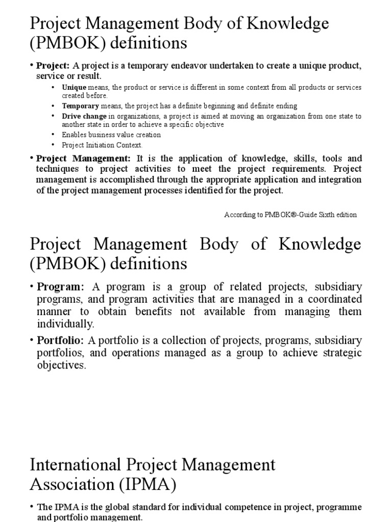 Project Management Body of Knowledge (PMBOK) Definitions: According To ...