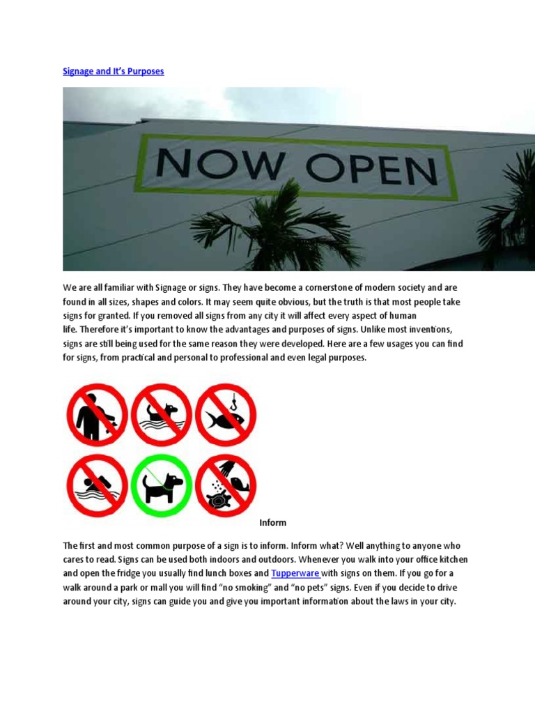 Signage and It's Purposes: Inform | PDF | Public Sphere | Marketing