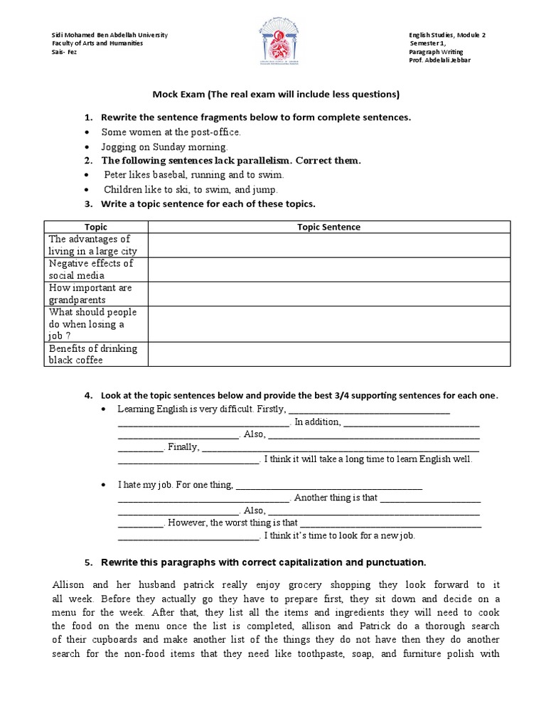 Mock Exam (The Real Exam Will Include Less Questions) 1. Rewrite The ...