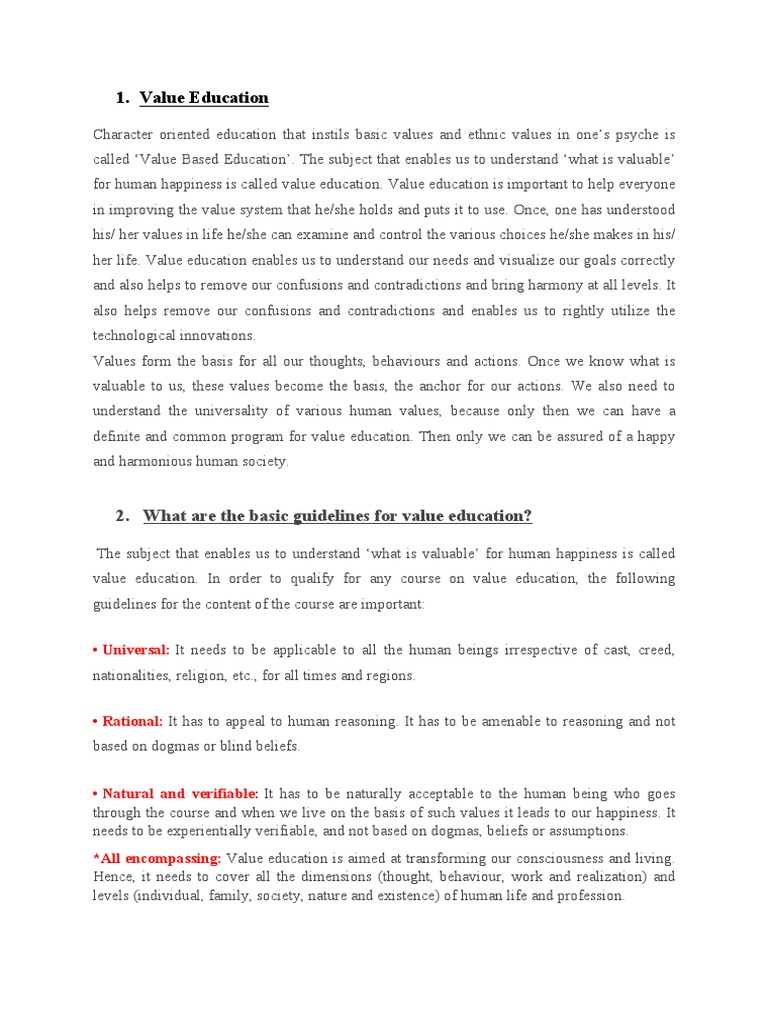 Value Education: 2. What Are The Basic Guidelines For Value Education? | PDF | Value (Ethics) | Goal