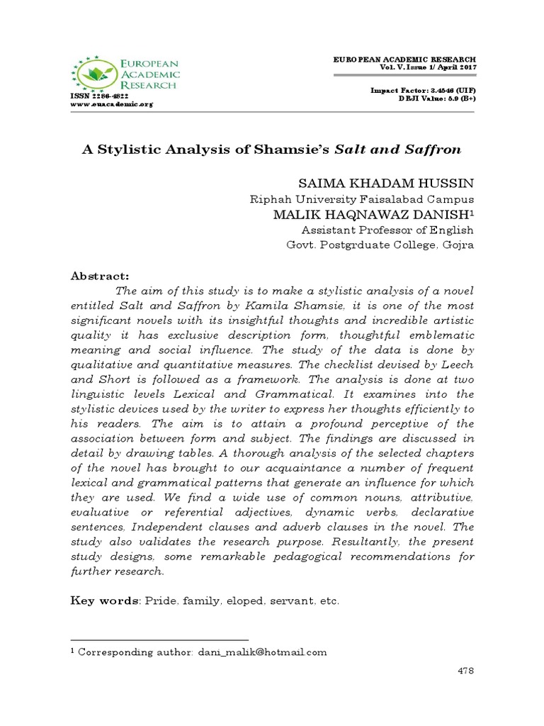 A Stylistic Analysis of Shamsie's Salt and Saffron: Abstract | PDF | Adjective | Linguistics