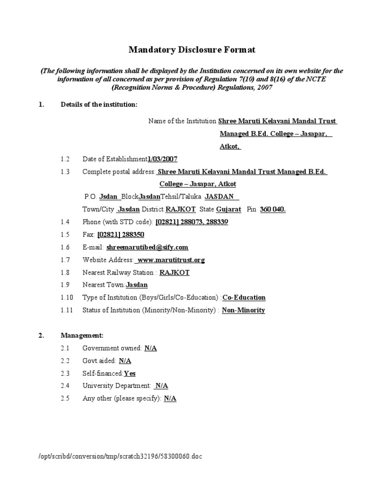 Mandatory Disclosure Format: 1. Details of The Institution | PDF ...