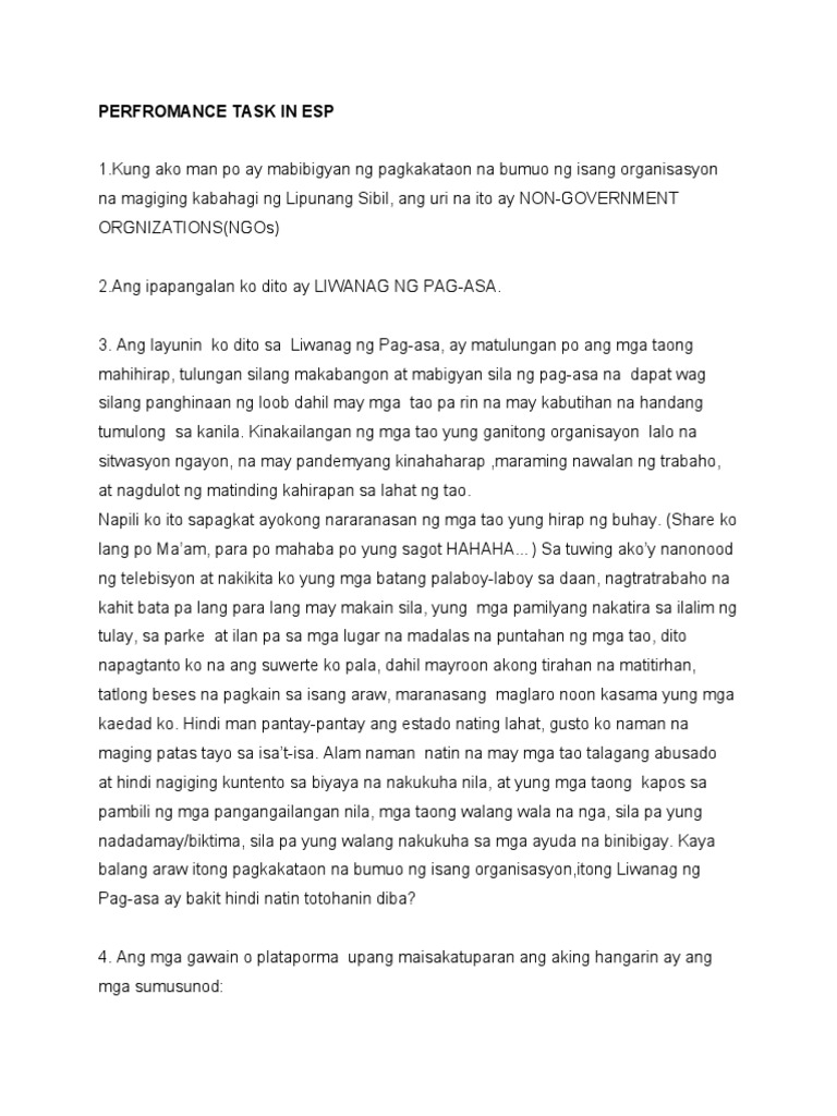 ESP - Performance Task Sample | PDF