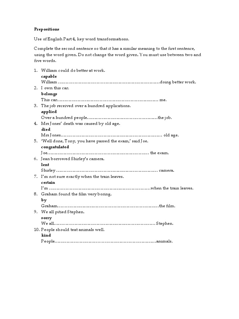 Prepositions Key Word Transformations B2 | PDF