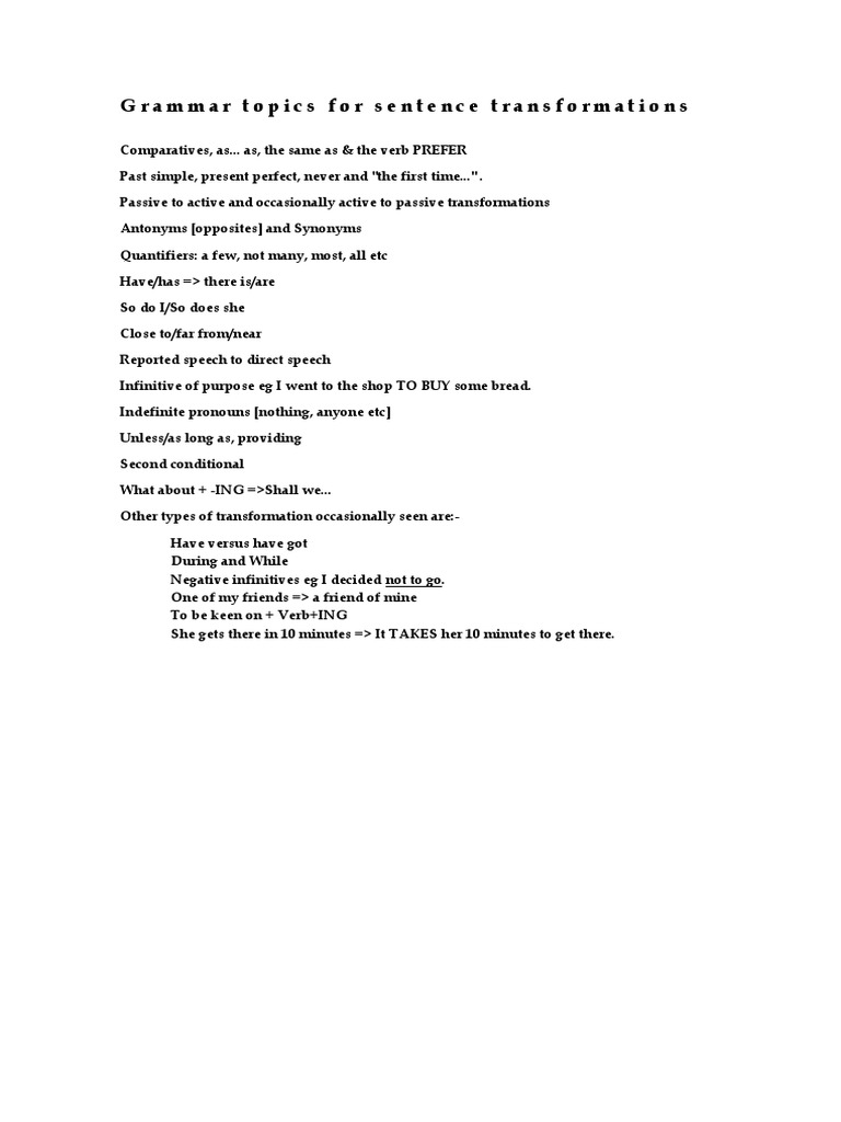 PET Exam: Sentence Transformations | PDF | Verb | Noun