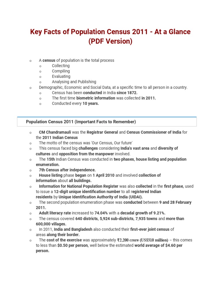 Key Facts of Population Census 2011 | PDF | South Asia | Asia