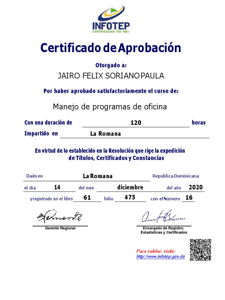 Certificado INFOTEP | PDF