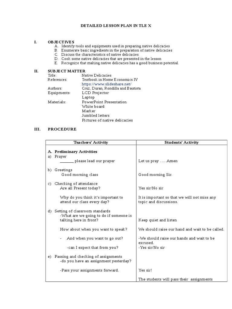 Detailed Lesson Plan in Tle X: Iii. Procedure | PDF | Foods | Cuisine