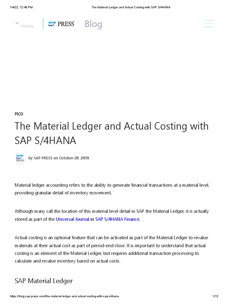 The Material Ledger and Actual Costing With SAP S - 4HANA | Download ...