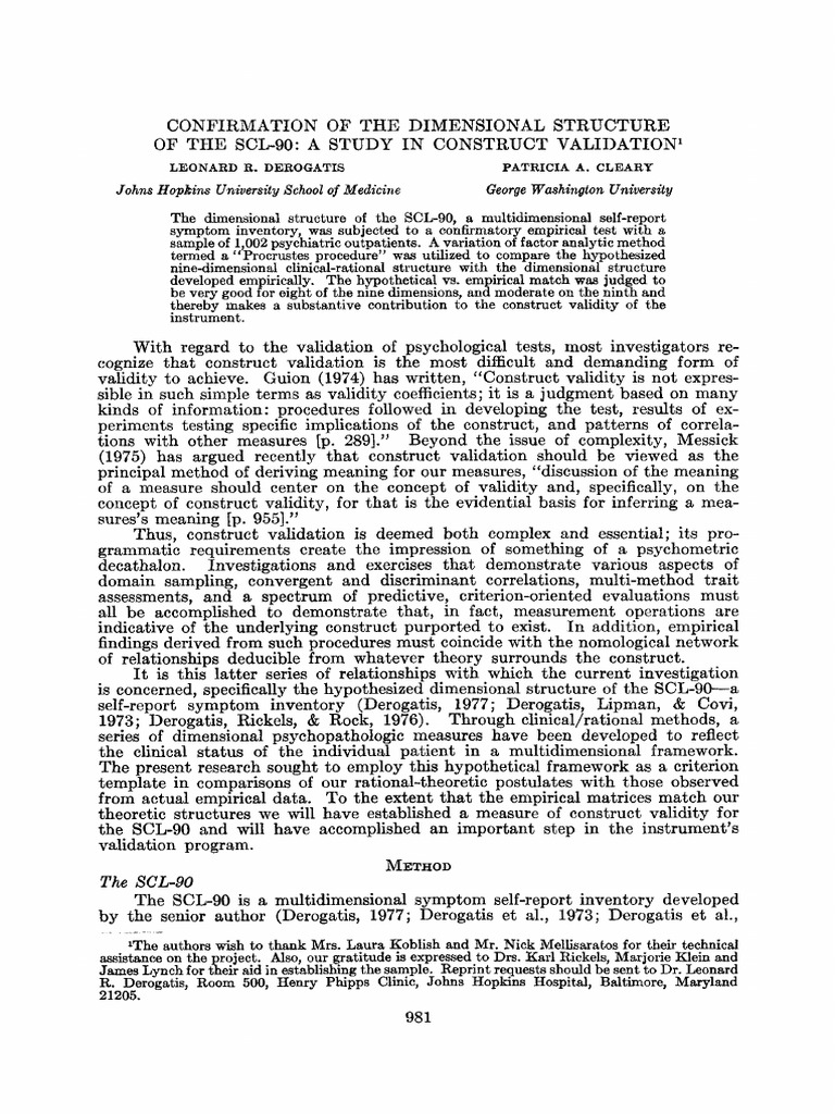 Derogatis Cleary 1977 SCL-90 | PDF | Factor Analysis | Validity ...