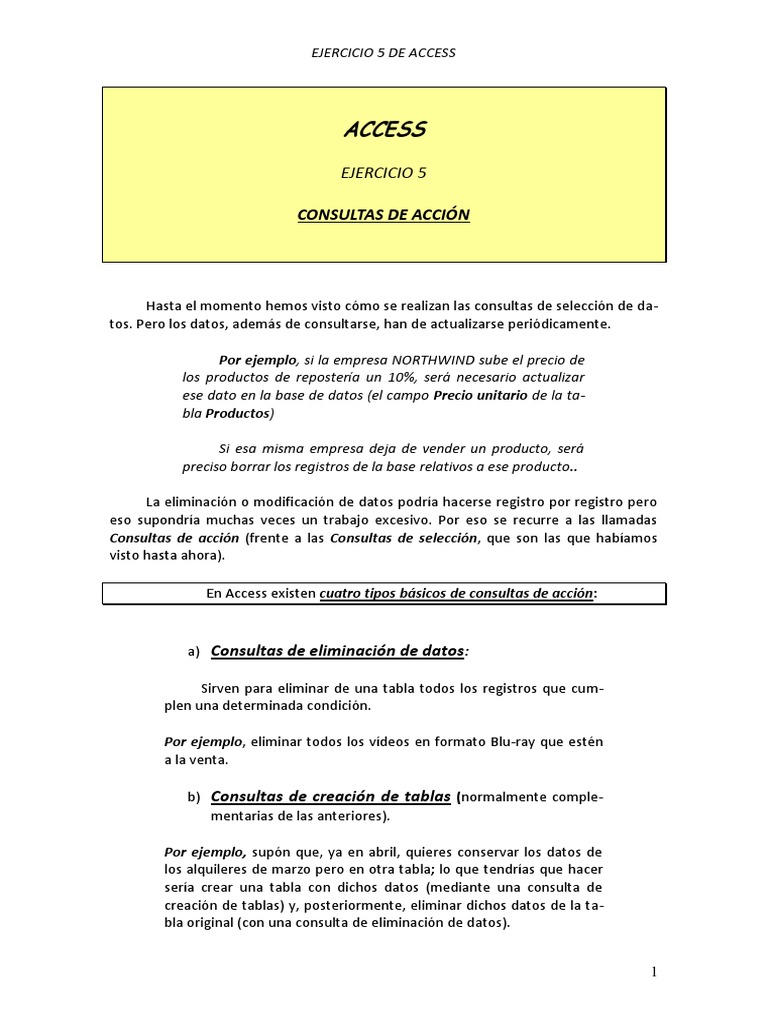 Ejercicio 5 de Access Access Ejercicio 5 Consultas de Acción | PDF | Informática