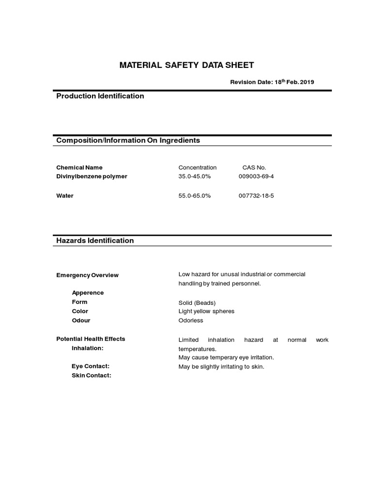 Material Safety Data Sheet: Production Identification | PDF | Water ...