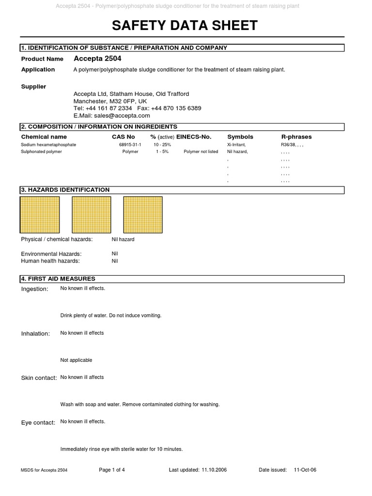 2504 MSDS Polymer Polyphosphate Sludge Conditioner Treatment Steam Raising Plant | PDF ...