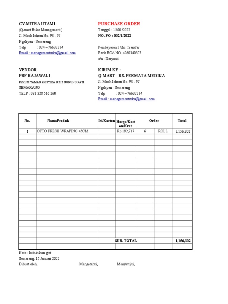 Contoh Form Po RAJAWALI | PDF