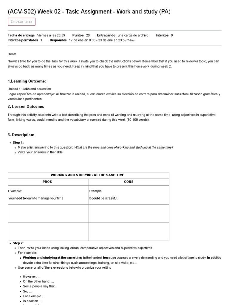 (ACV-S02) Week 02 - Task - Assignment - Work and Study (PA) | PDF ...