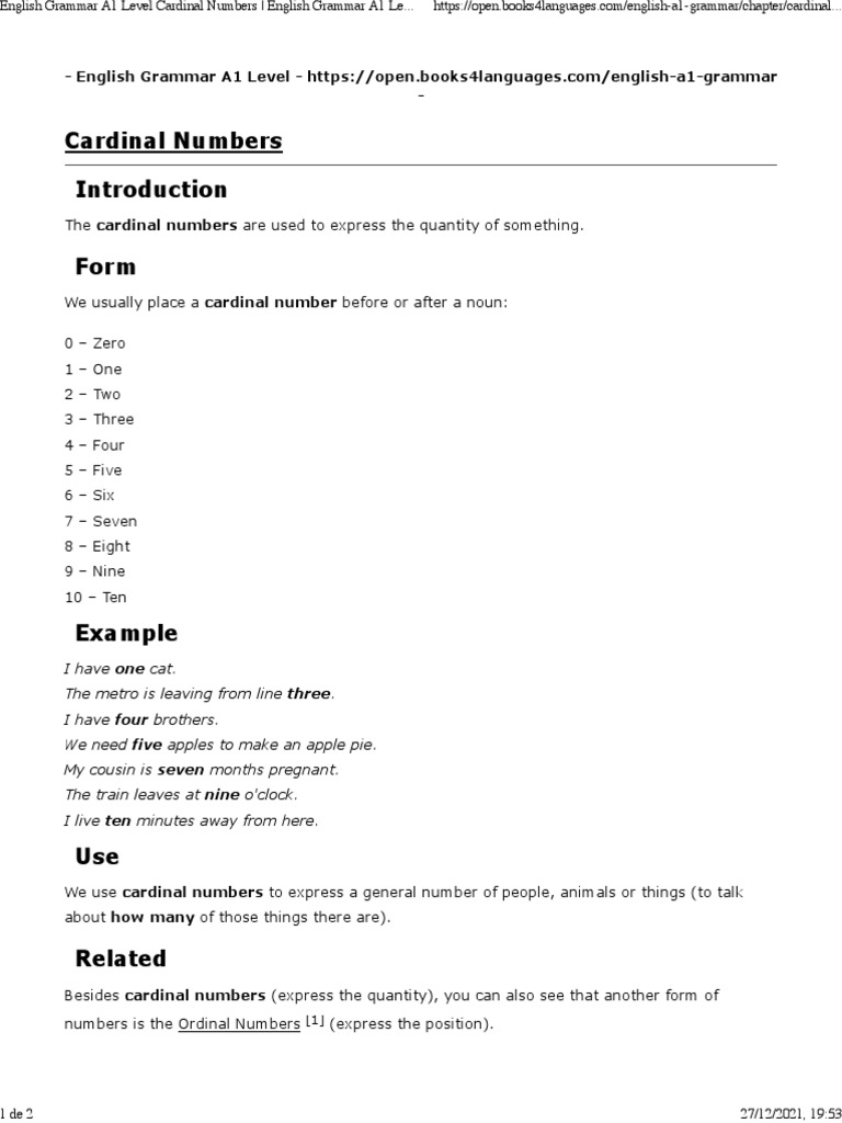 English Grammar A1 Level Cardinal Numbers - English Grammar A1 Level ...