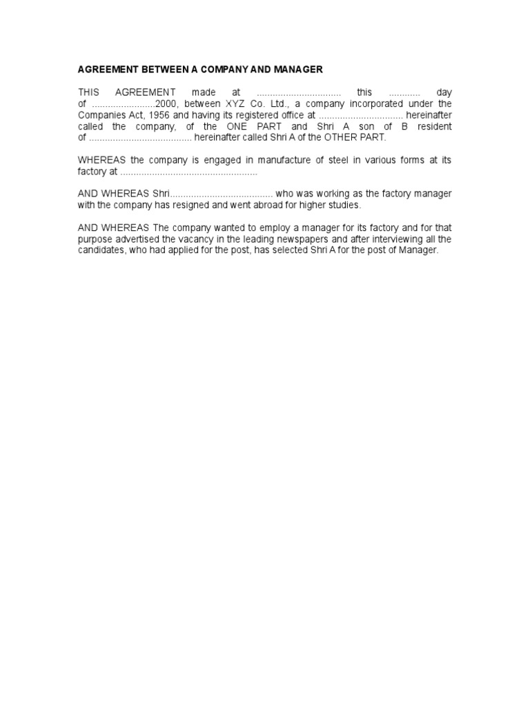 Agreement Between A Company and Manager | PDF