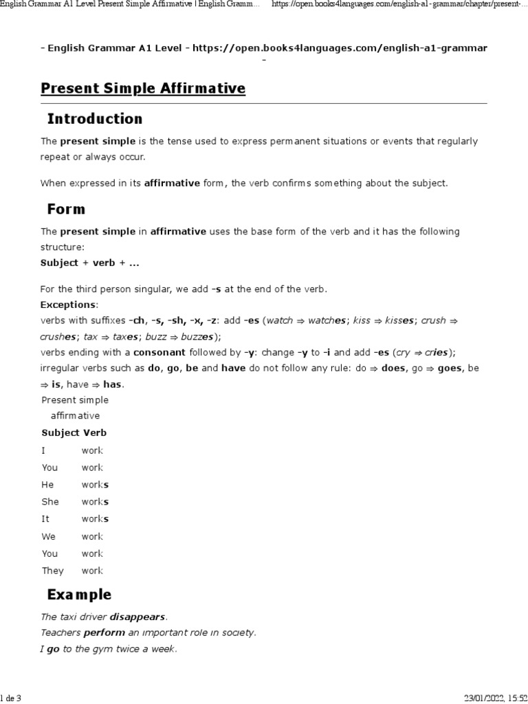 English Grammar A1 Level Present Simple Affirmative | English Grammar ...