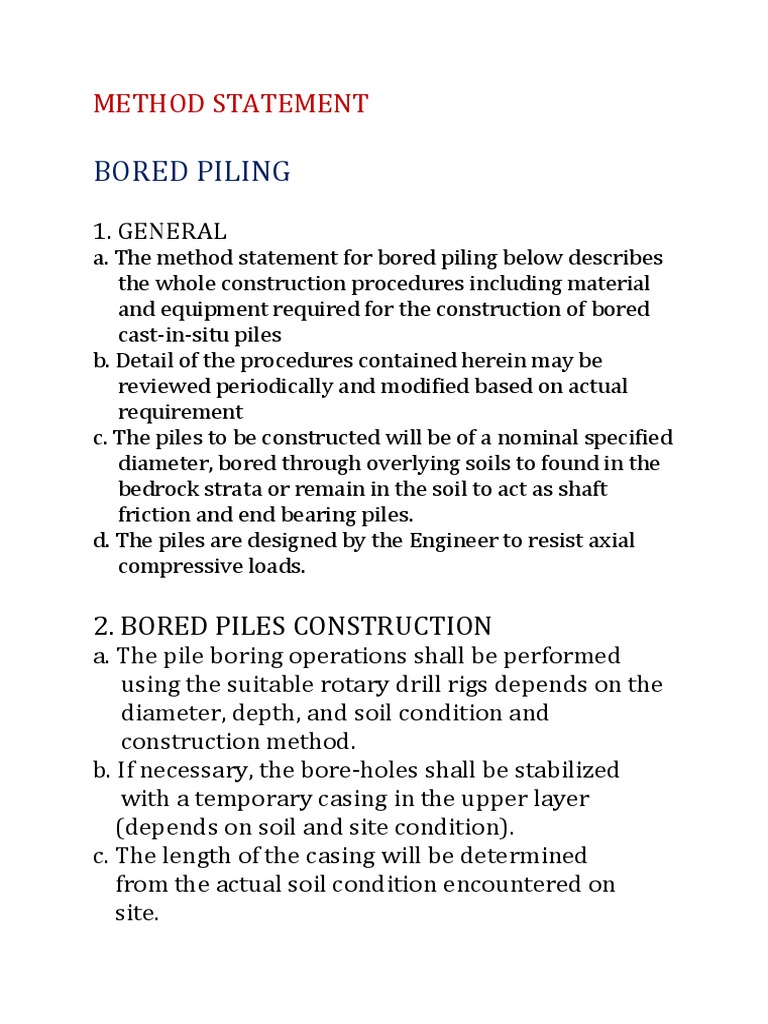 Bored Piling: Method Statement | PDF | Deep Foundation | Concrete