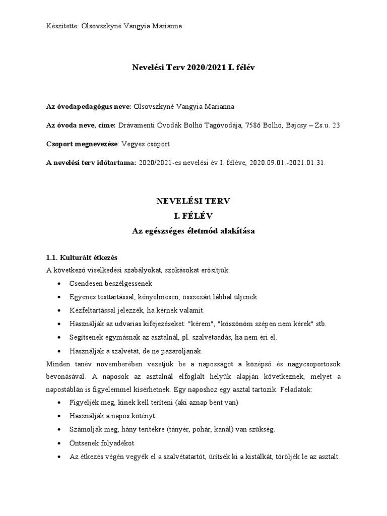Nevelési Terv 2020 | PDF