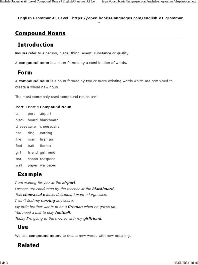 English Grammar A1 Level Compound Nouns - English Grammar A1 Level ...