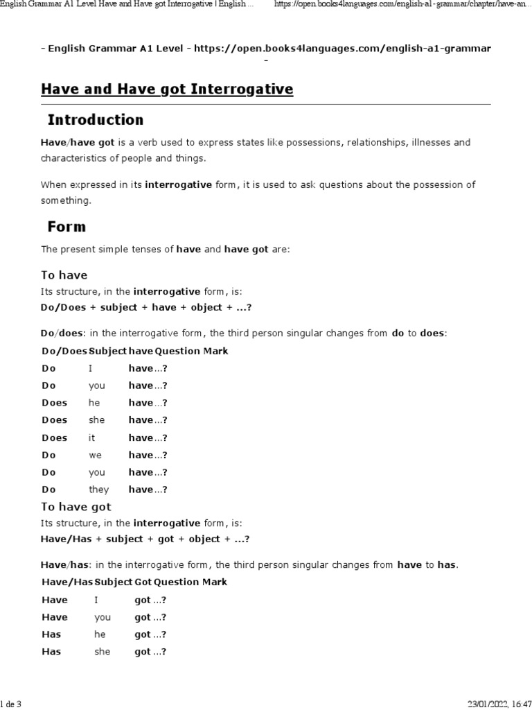 English Grammar A1 Level Have and Have Got Interrogative - English ...