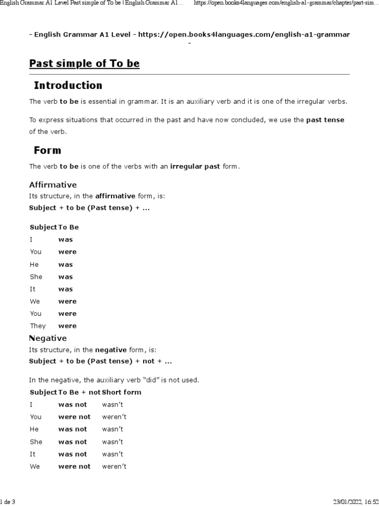 English Grammar A1 Level Past Simple of To Be - English Grammar A1 ...