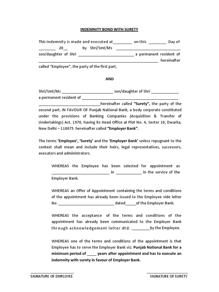 Indemnity Bond With Surety | PDF | Indemnity | Surety
