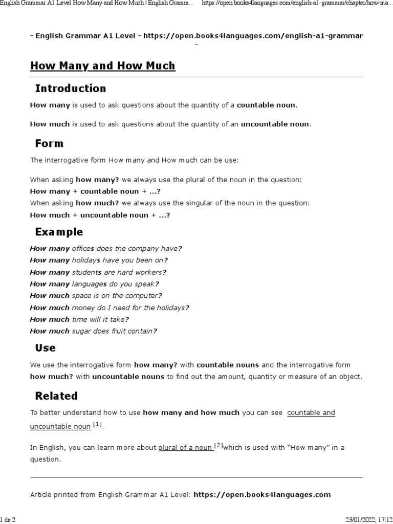 English Grammar A1 Level How Many and How Much - English Grammar A1 ...