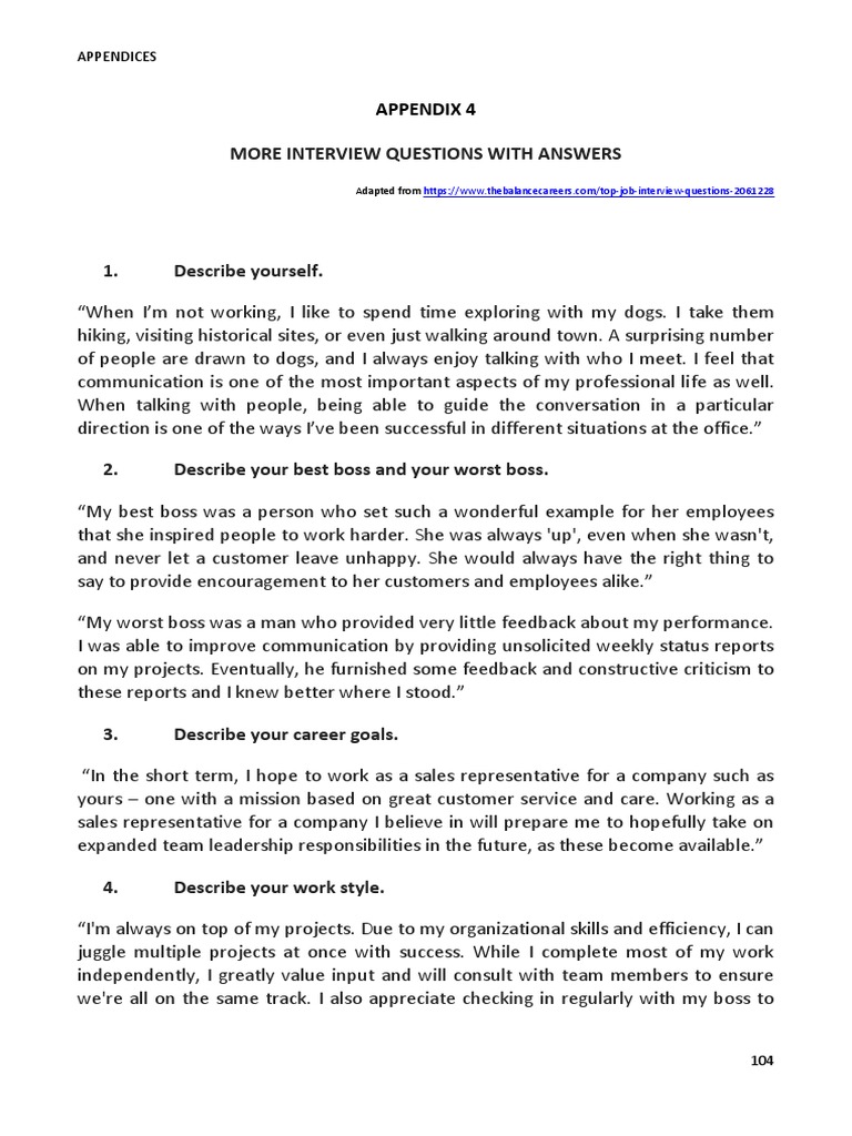 BOOKLET N3 Appendix MORE INTERVIEW QUESTIONS p104 108 | PDF | Sales ...