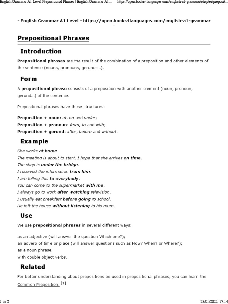 English Grammar A1 Level Prepositional Phrases - English Grammar A1 ...