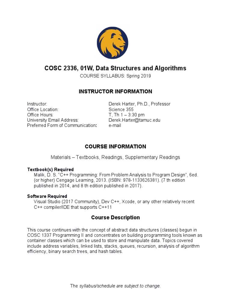 COSC 2336, 01W, Data Structures and Algorithms: Instructor Information ...