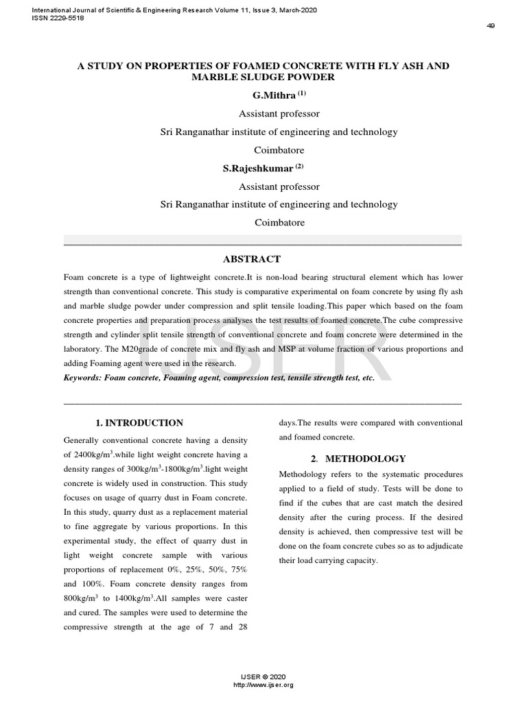 A Study On Properties of Foamed Concrete With Fly Ash and Marble Sludge ...