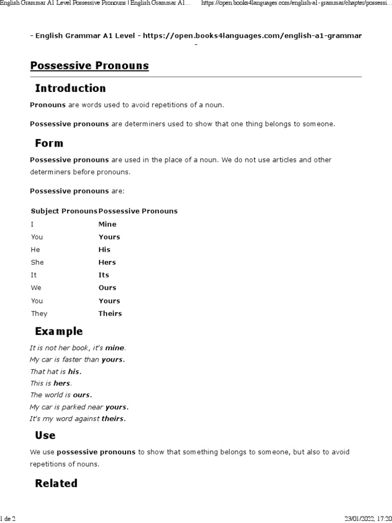English Grammar A1 Level Possessive Pronouns - English Grammar A1 Level ...