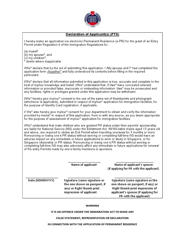 Singapore PR Application Declaration Form | PDF | Government ...