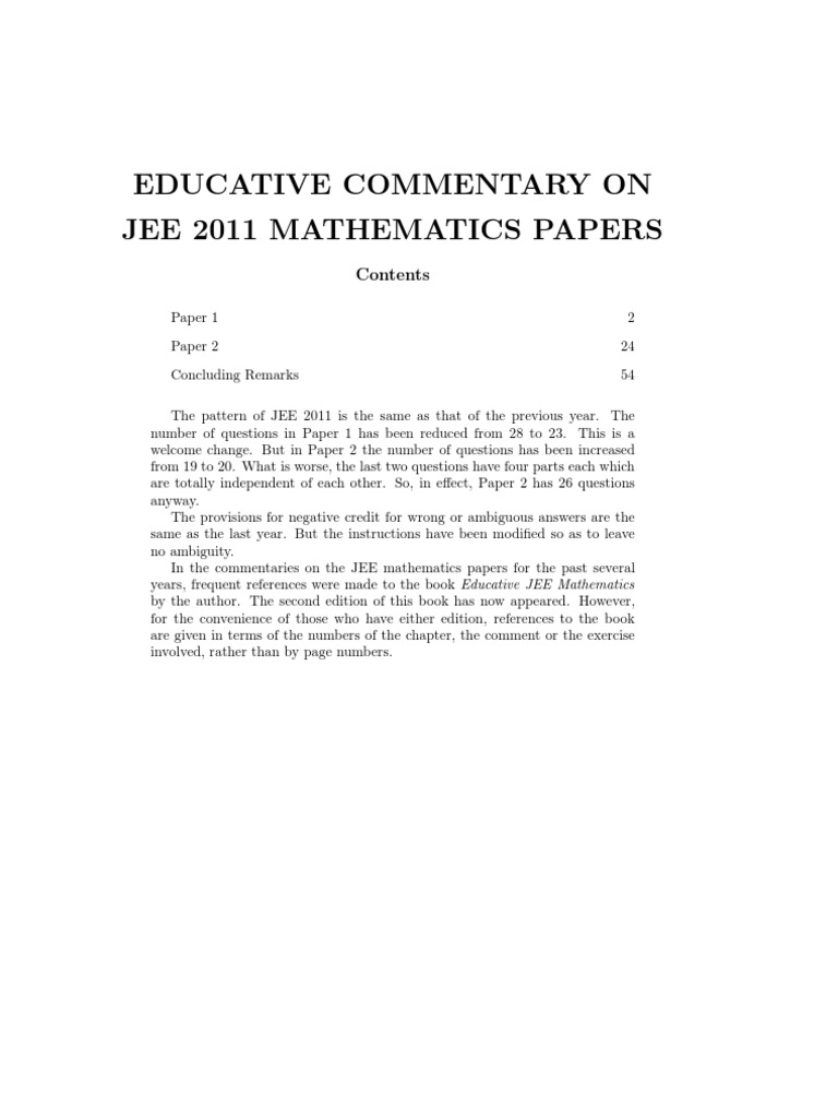 Educative Commentary On Jee 2011 Mathematics Papers | PDF