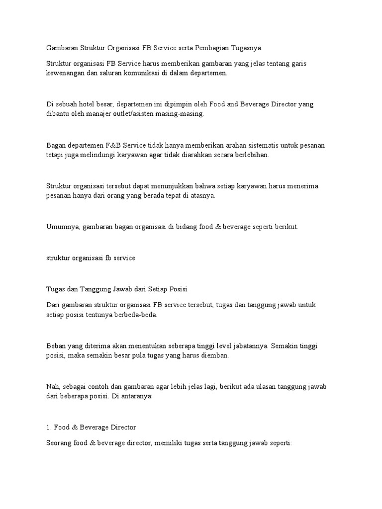 Gambaran Struktur Organisasi FB Service Serta Pembagian Tugasnya | PDF
