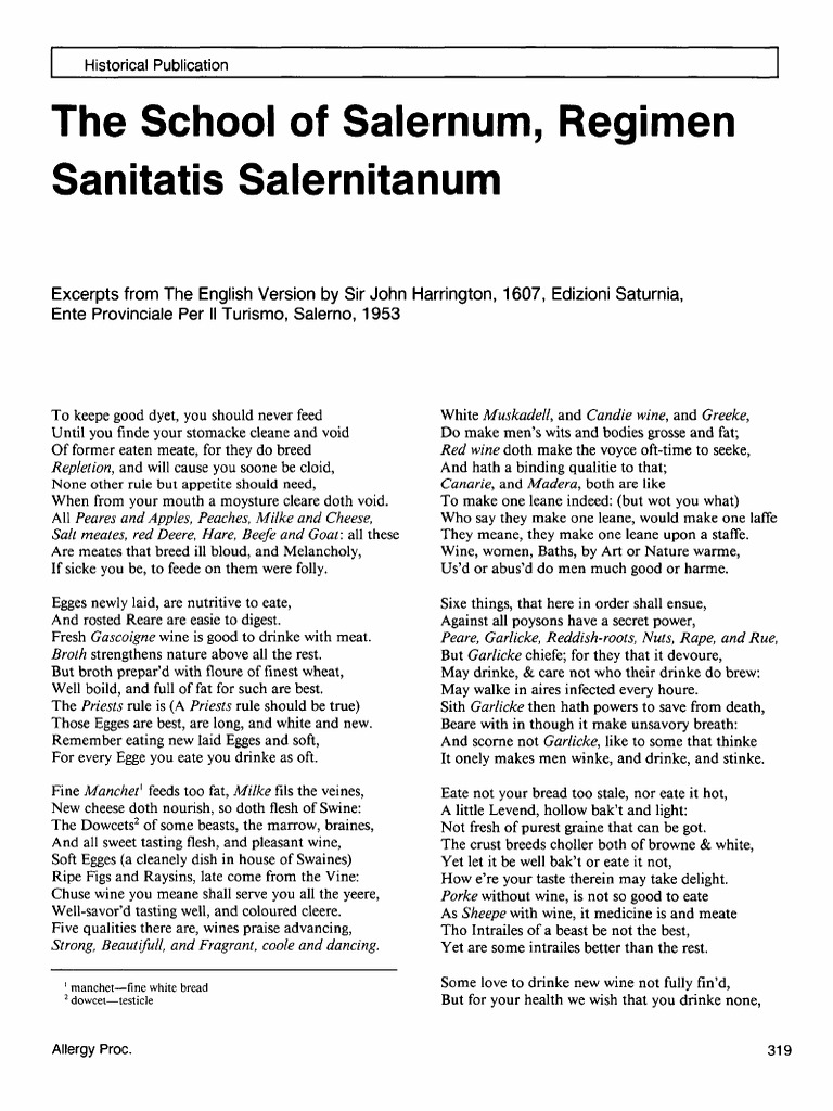 The School of Salernum, Regimen Sanitatis Salernitanum | PDF | Food And ...