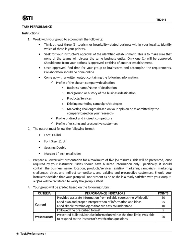 01 Task Performance 1-TourismMarketing | PDF | Marketing | Cognition