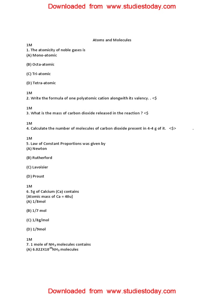 CBSE Class 9 Science Worksheet - Atoms and Molecules | PDF | Ion | Mole ...
