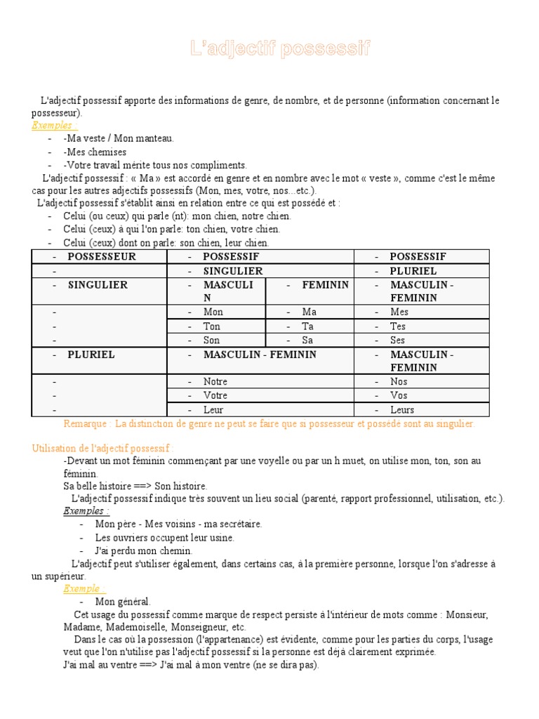 L'adjectif Possessif | PDF | Genre grammatical | Nombre grammatical