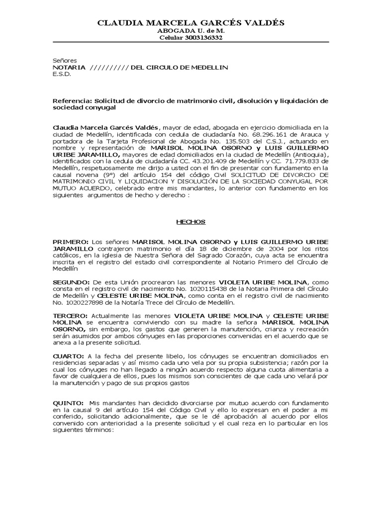 Solicitud Divorcio Mutuo Acuerdo Marisol y Luis | PDF | Divorcio | Propiedad de la comunidad