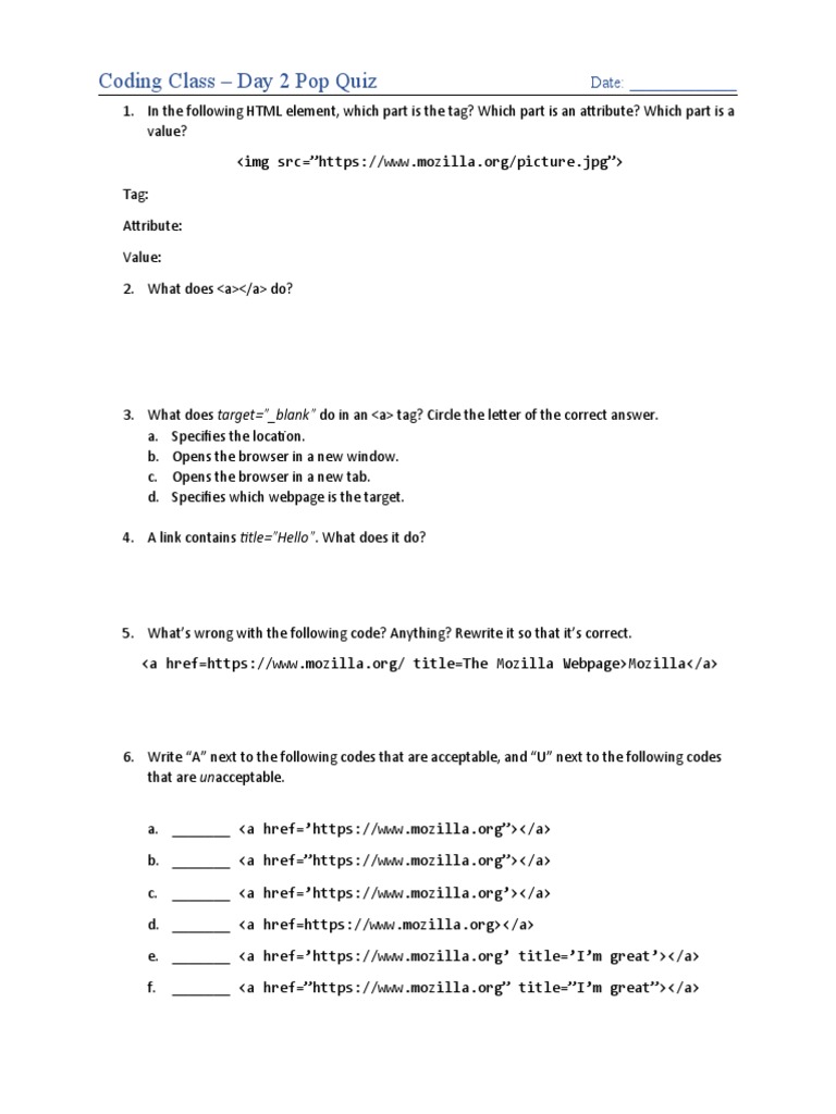 Coding Class - Day 2 Pop Quiz | PDF | Art | Computers