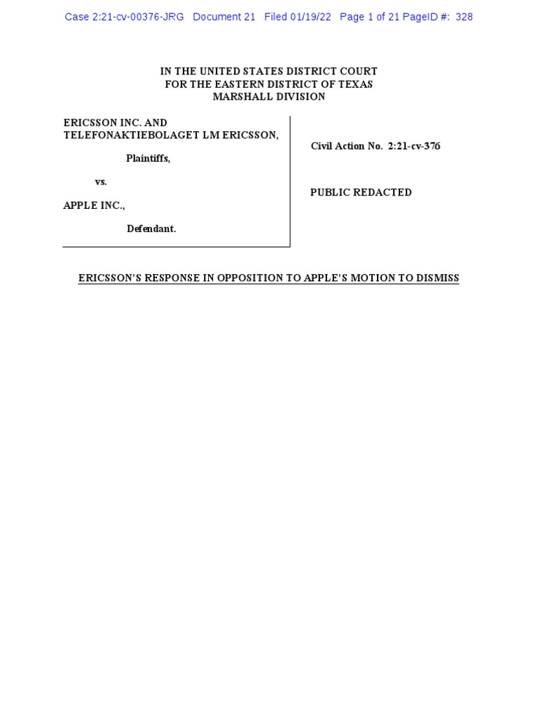 22-01-19 Ericsson Opposition To Apple Motion To Dismiss | PDF | Lawsuit | Declaratory Judgment
