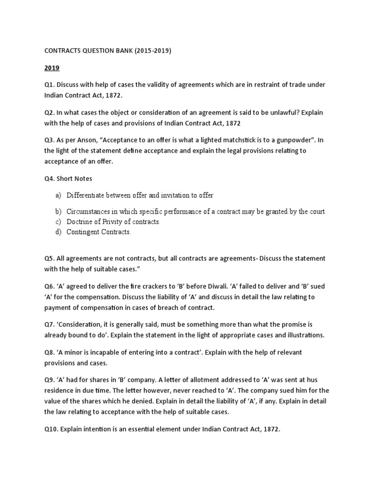 Law of Contract Question Bank 2015-2019 | PDF | Tort | Damages