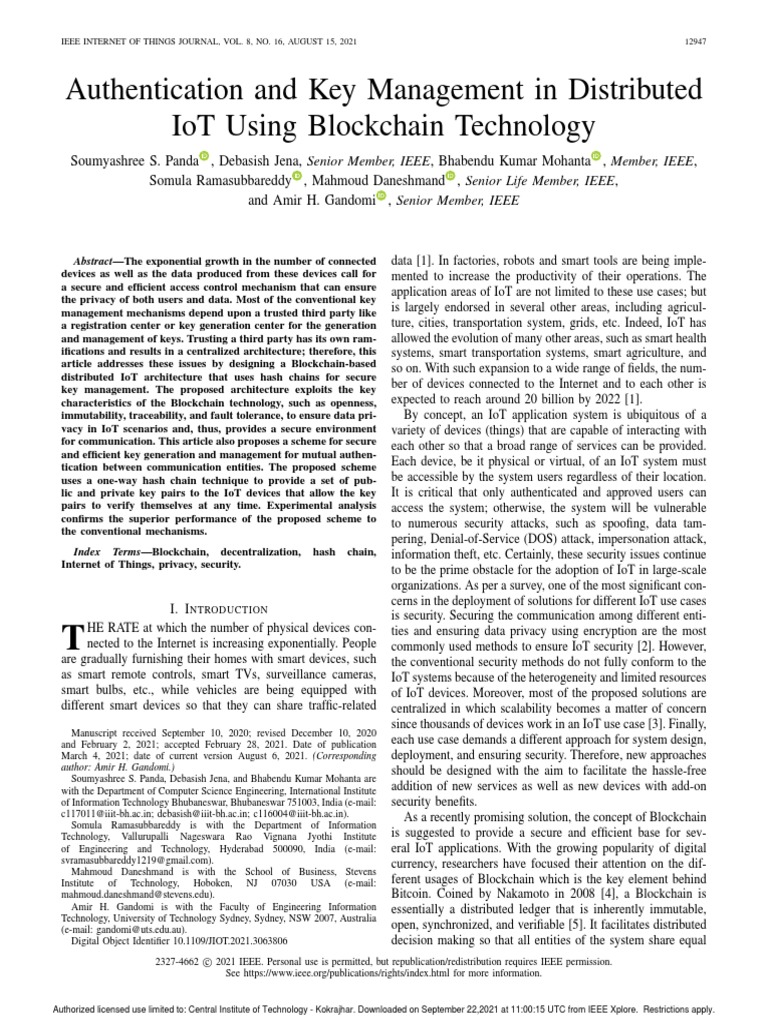 Authentication and Key Management in Distributed IoT Using Blockchain Technology | PDF ...