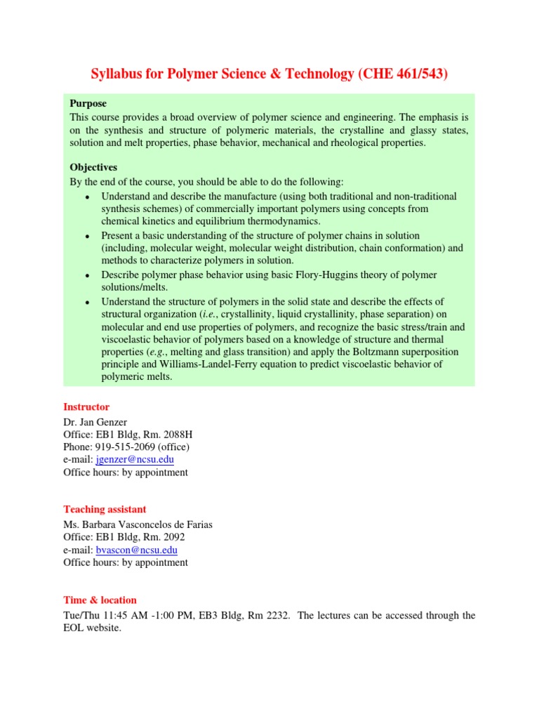 Syllabus For CHE 543 F2018 | PDF | Polymers | Peer Review