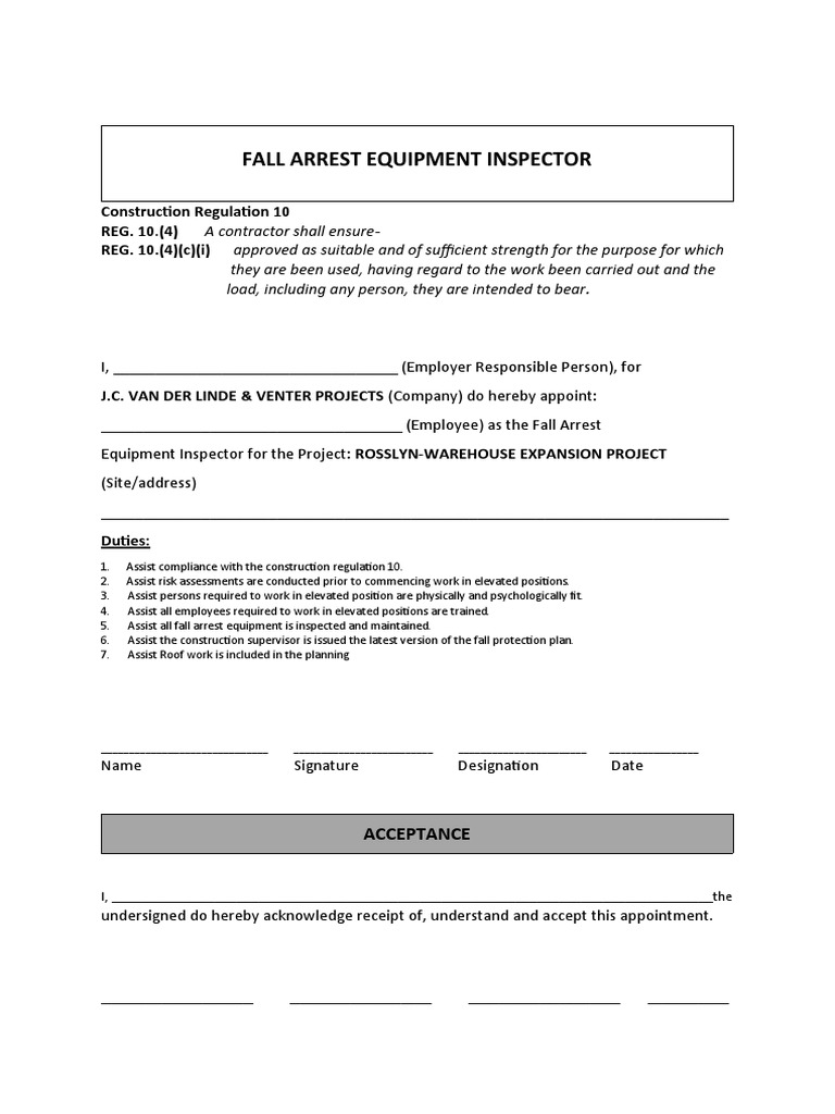 Fall Arrest Equipment Inspector | PDF