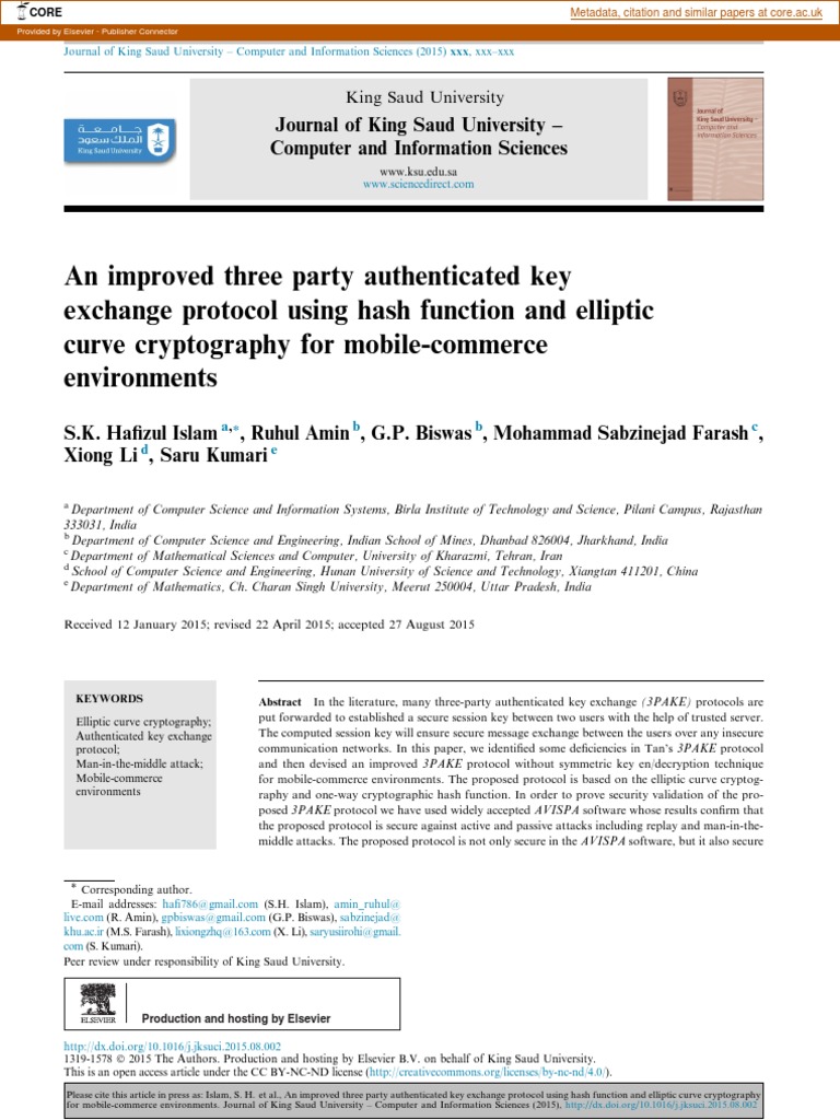 An Improved Three Party Authenticated Key Exchange Protocol Using Hash Function and Elliptic ...